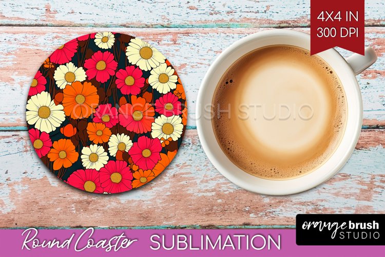 Retro Flowers Round Coaster - Floral Coaster PNG (5041758)