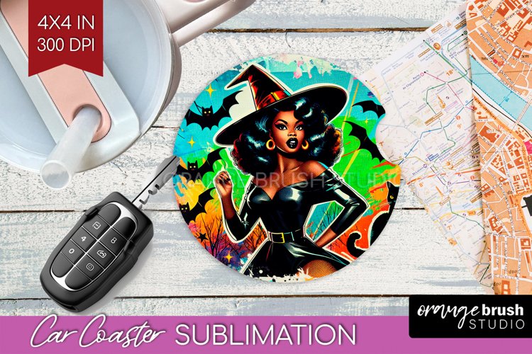 Witch Car Coaster - Retro Halloween Coaster PNG (4866488)