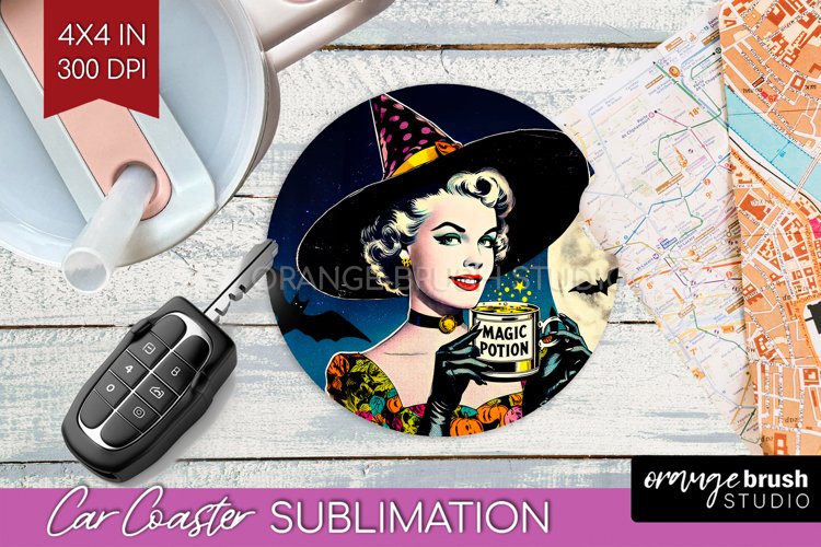 Witch Car Coaster - Retro Halloween Coaster PNG (4866537)
