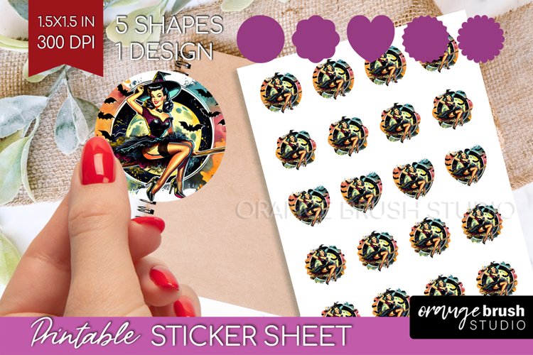 Witch Round Sticker - Retro Halloween Printable (4866166)