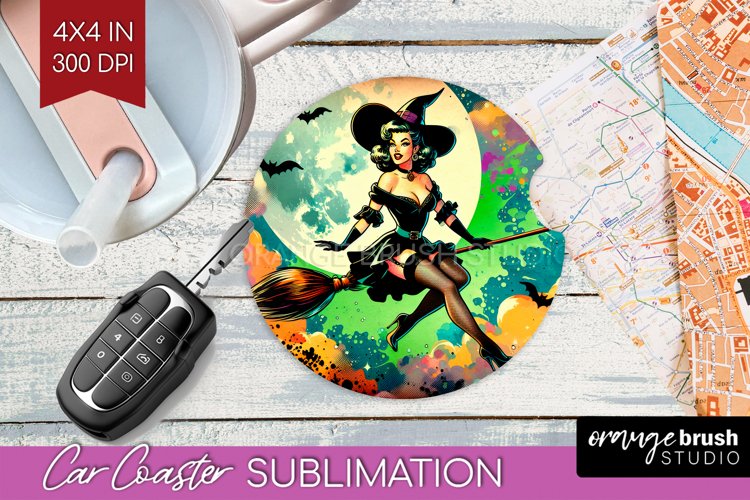 Witch Car Coaster - Retro Halloween Coaster PNG (4866565)
