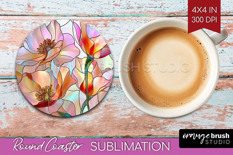 Stained Glass Flowers Round Coaster - Floral (5117378)