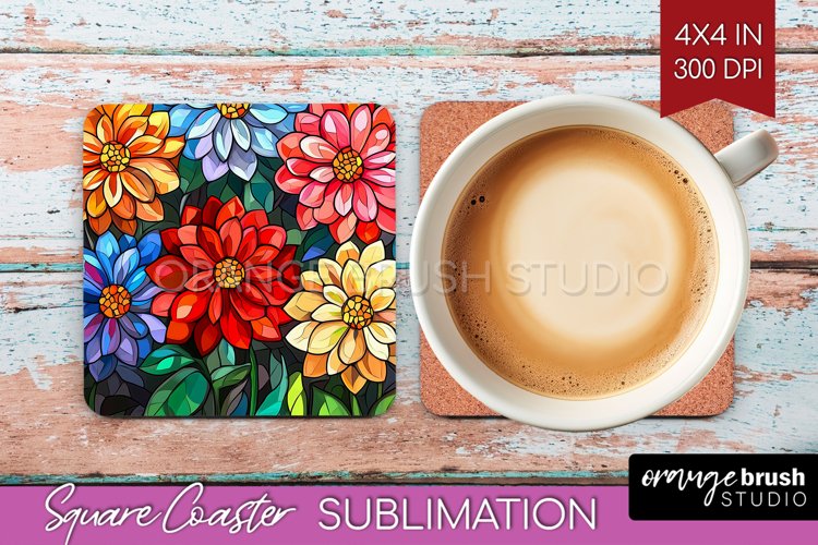 Stained Glass Flowers Square Coaster - Floral (5167556)