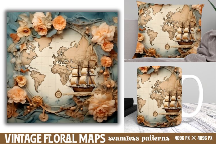 Vintage Floral Maps Seamless Patterns Backgrounds,