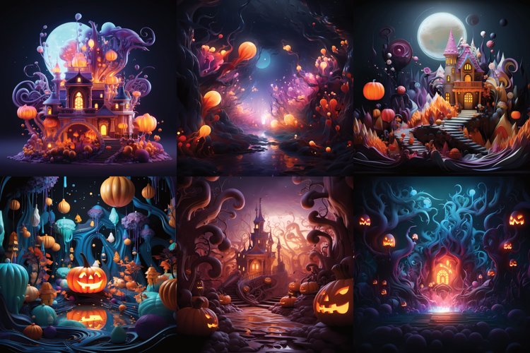 Halloween night digital papers with forest, pumpkins, houses