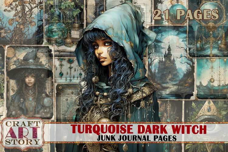 Turquoise dark witch Junk Journal Pages,scrapbook printables