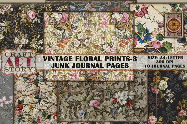 Vintage Floral prints-3 junk journal Pages,Digital (2032461)