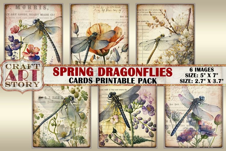 Spring dragonflies Flowers card set,Collage picture