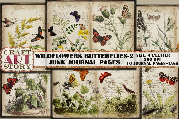 Botanical Wildflowers butterflies-2 junk journal Pages