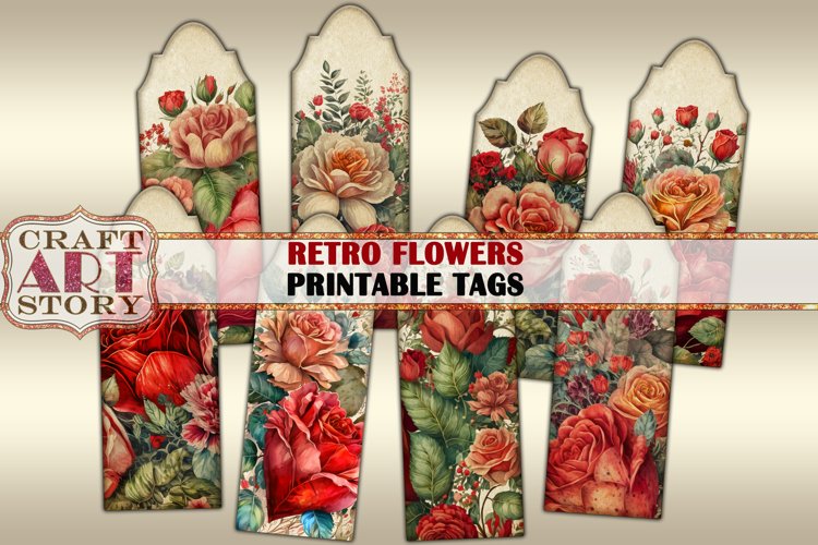 Retro flowers Tags Printable bookmark Junk Journal Ephemera