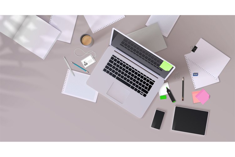 Office desk. Realistic mockup with modern devices, workplace