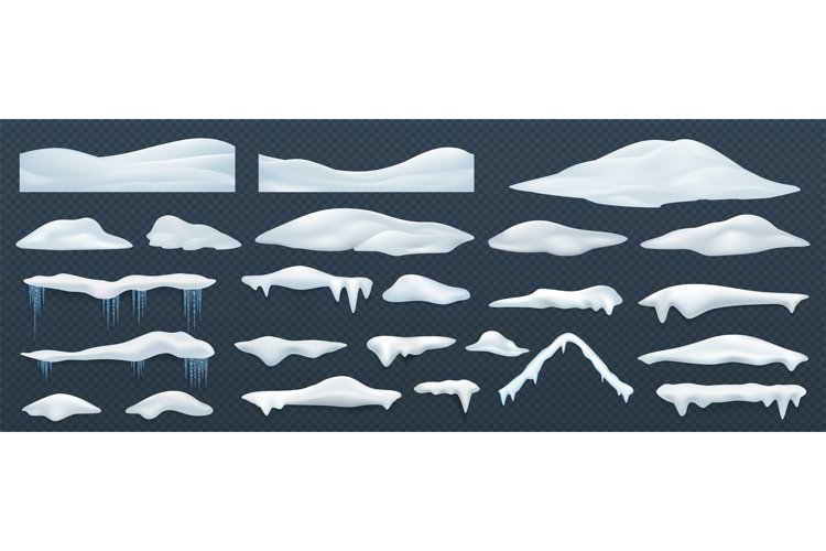 Snow piles. Realistic winter white snowcaps, snowy top effec