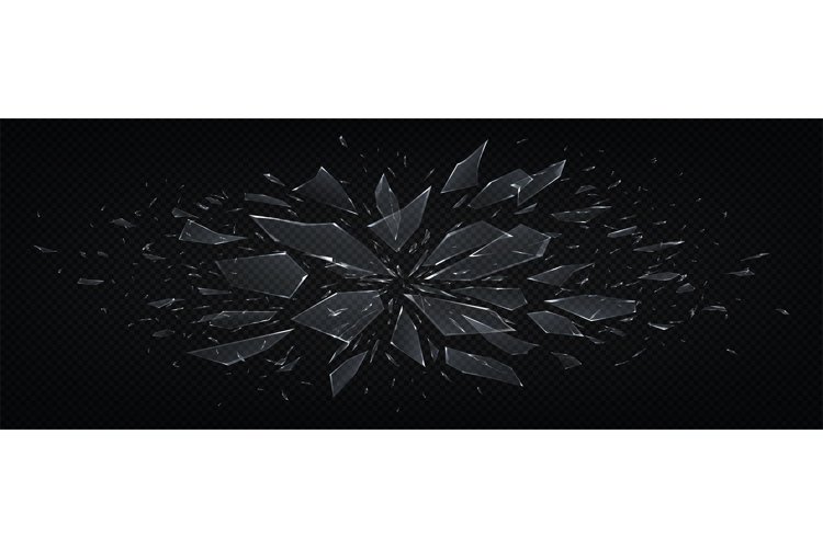 Broken glass. Realistic abstract shattered transparent fragm