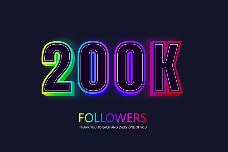 200k social followers and subscribers neon text effect.