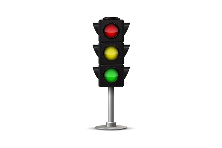 Realistic city traffic light. Vector stoplight with green ye