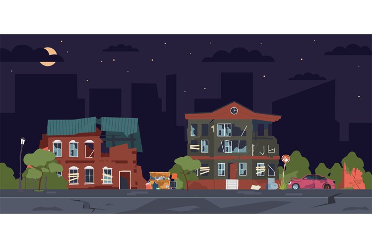 Night landscape of ghetto, slums, area of city with dirty sh