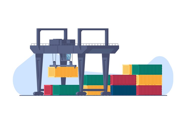 Harbor crane moves cargo containers. Freight port terminal.