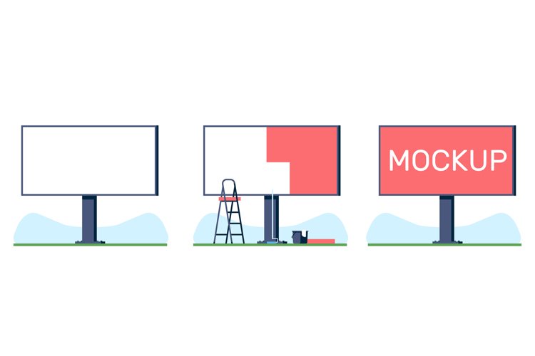 Different stages of sticking ads on large city billboard. In