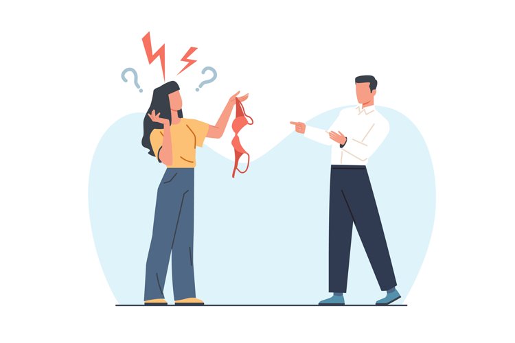 Indignant woman holds bra in her hand and says something to