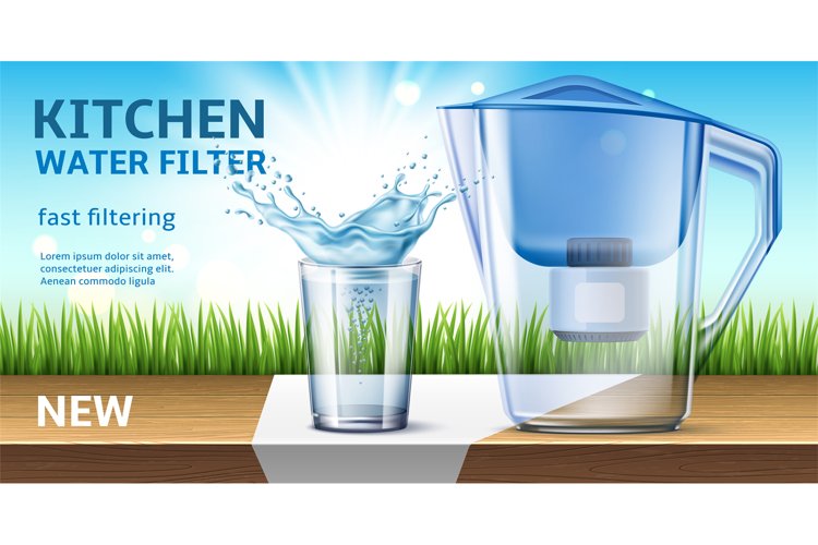 Filtered water. Realistic filter, glass with liquid splashe