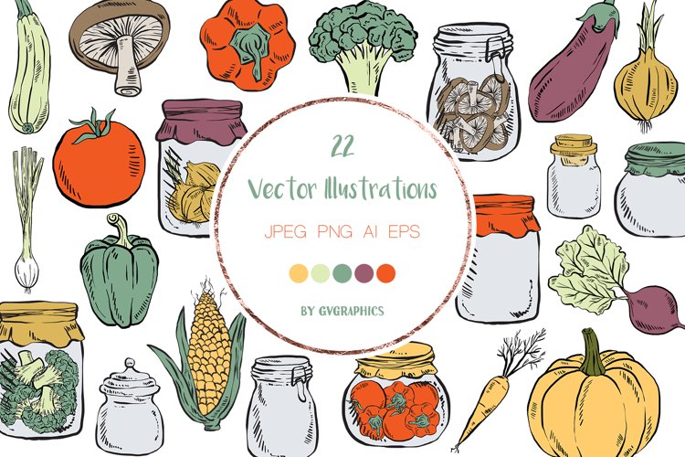 22 Hand Drawn Cartoon Vegetables Vector Illustrations