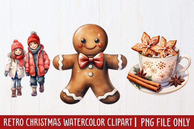 Retro Christmas Watercolor Clipart, Vintage (4389013)