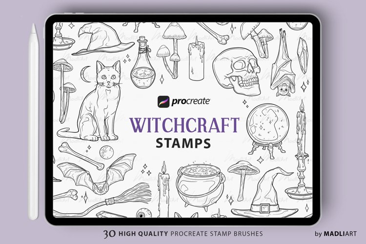 30 Witchcraft Procreate Brush Stamps. Witch, Wizard, Magic
