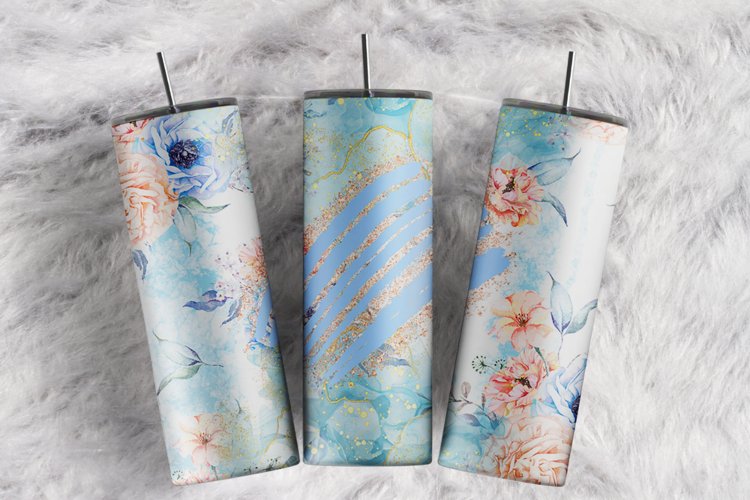 Custom Name Blue Watercolor Summer Floral 20 oz tumbler wrap