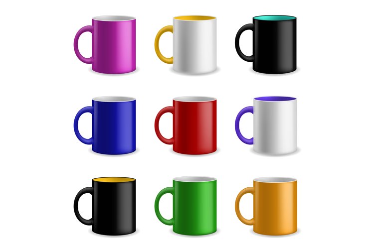 Cups color set. Colorful ceramic realistic mugs for differen