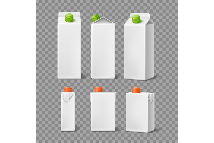 Drink carton packaging. Realistic milk or cream boxes. Lacti