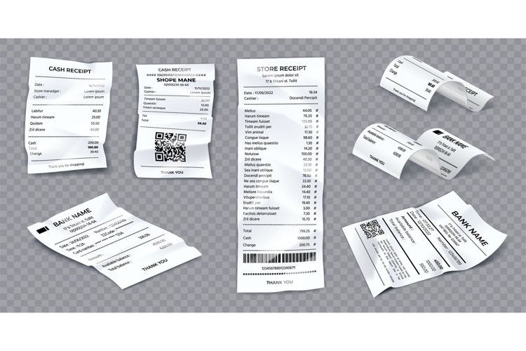 Realistic rolled, curved and crumpled bank and shop receipts