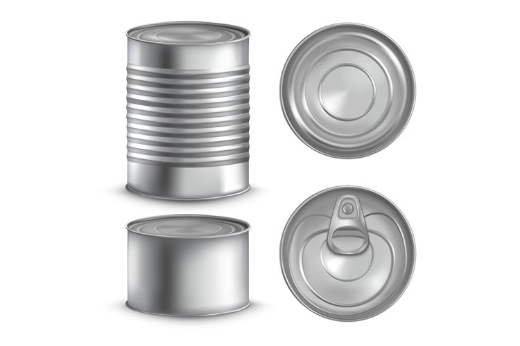Realistic tin cans. 3d mockup metal can, steel canister pack