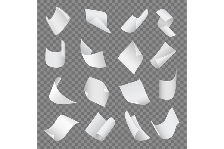 Flying curl papers. Realistic blank office pages, twisted wh