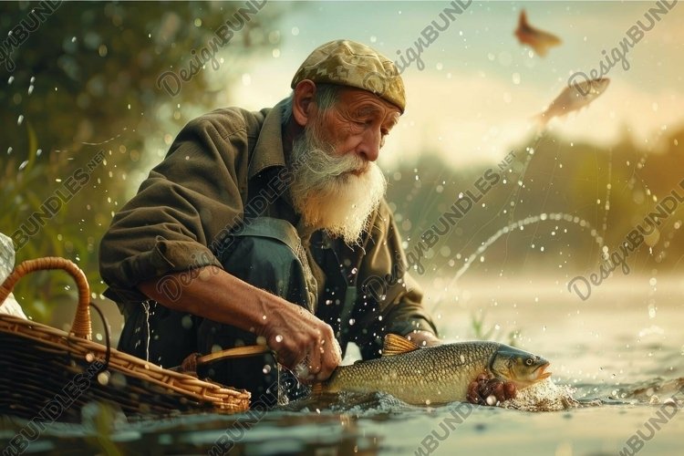Elderly fisherman catching fish at sunrise