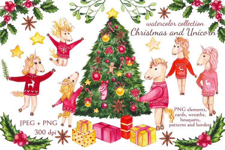 Watercolor Christmas and Unicorns