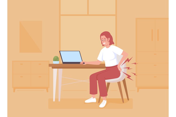 Lower back pain while seated flat color vector illustration