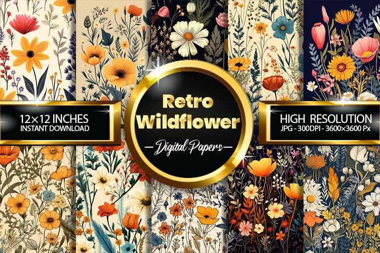 Retro Wild Flowers Digital Papers, Flowers Pattern