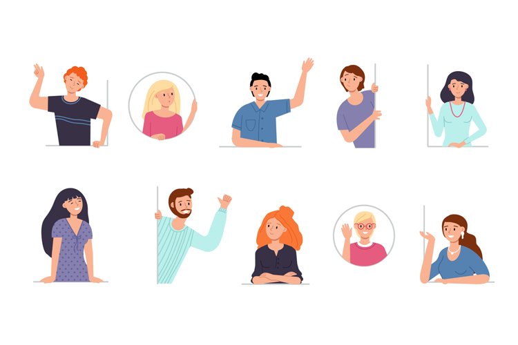 Curious adults characters. People smile, happy and curiosity