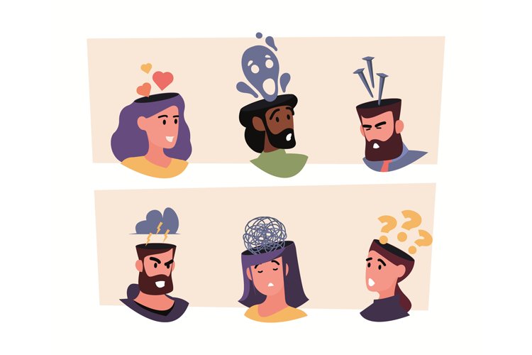 Mental problems. Head with various negative thoughts discipl