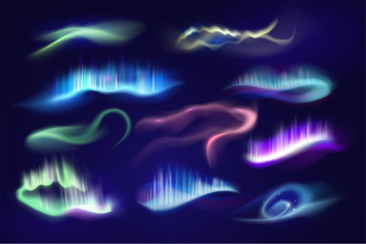 Northern aurora. Arctic isolated polar light set. Vector tra