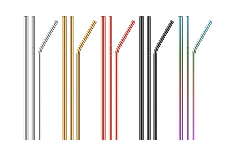 Realistic metal drinking straws. Different colors steel zero