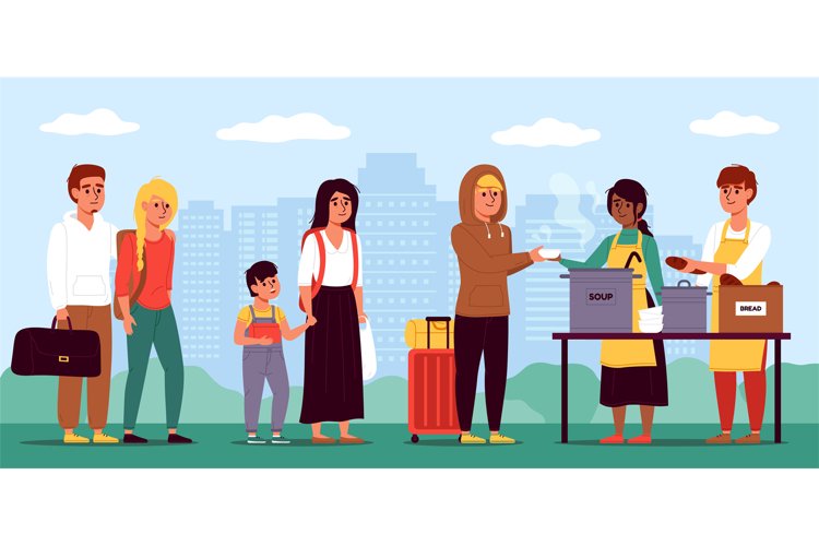 Food queue homeless. Humanitarian assistance to migrants, fo