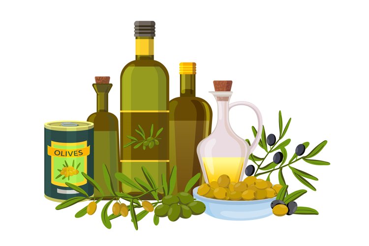 Olive oil set. Products made from olive branches. Black and