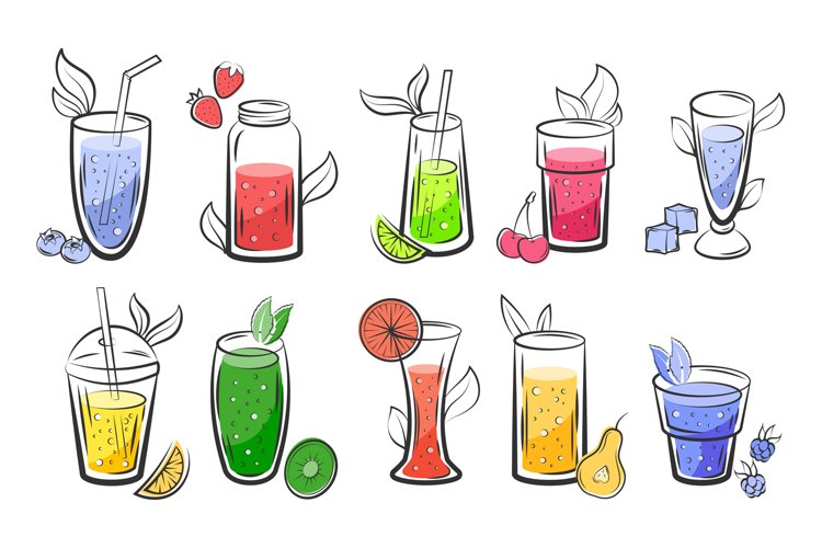 Detox juice sketch. Fresh cocktail drinks with vegan ingredi