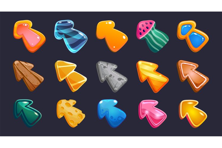 Cartoon game cursors. Click arrows and pointer interface ico