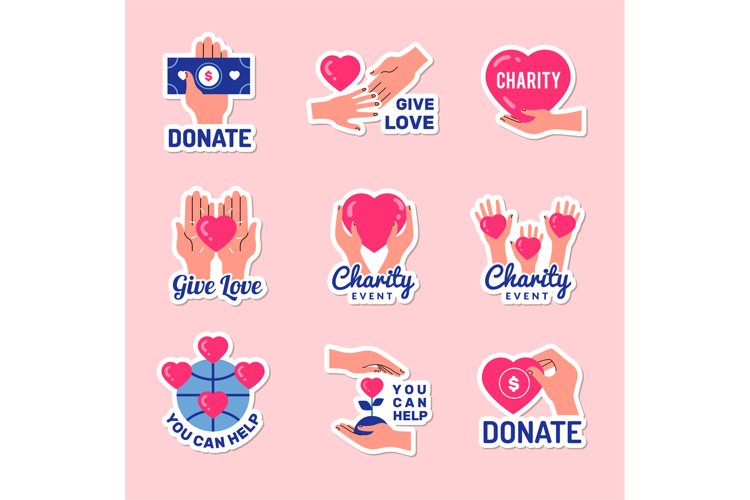 Donation emblems. Humanity and charity colored symbols recen
