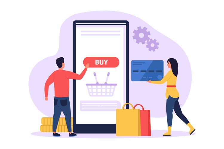 Online shopping. Man and woman buying goods on internet. Mal