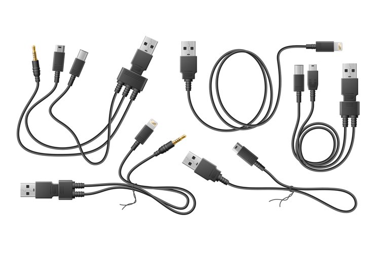 Realistic adapter cables. Black flexible wires with usb diff