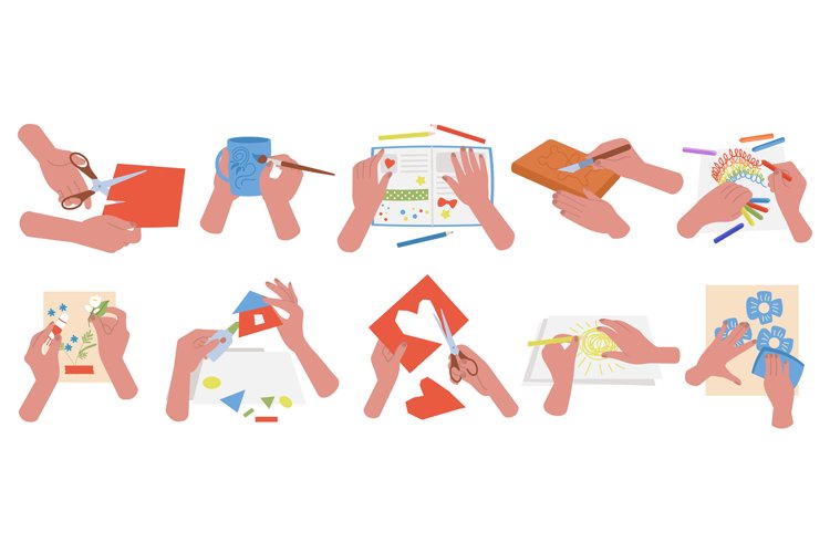 Kids creative workshop, hands create painting, embroidery or