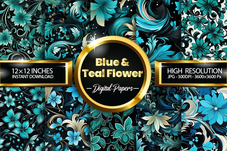 Black and Teal Seamless Flower Digital Papers